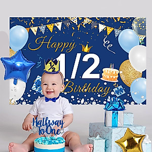 111 PCs Half Birthday Decorations Baby Boy, Fiesec 6 Months Birthday Decorations Boy Happy 1/2 Birthday Backdrop Balloon Garland Its My 1/2 Birthday Banner Cake Cupcake Topper Tie Crown Poster Blue