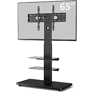 Universal Floor TV Stand with Height Adjustable Swivel Mount and 3 Media Storage Shelves, Fit for 42 43 47 50 55 60 65 70 75 Inch Plasma LCD LED OLED Flat or Curved Screen TVs
