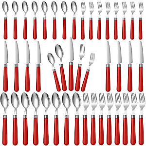 Sabary 40 Pcs Handle Silverware Stainless Steel Sets for 8 Flatware Cutlery with Colored Handles 8 Dinner Knife, 8 Dinner Fork, 8 Salad Fork, 8 Dinner Spoon, 8 Dessert Spoon for Home(Red)