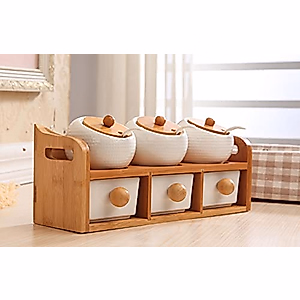 Yesland 6 Pcs Porcelain Condiment Jar Spice Container with Lid - 5.8 Oz Sugar Bowl Set with Spoons and Tiered Bamboo Display Rack - Pottery Cruet Pot for Sugar Serving Salt Coffee Tea, Label Included