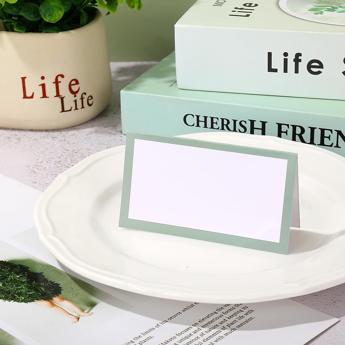 Whaline 100Pcs Sage Green Place Cards 3.5 x 2 Inch White Blank Tented Cards Wedding Seating Cards for Party Table Setting Supplies