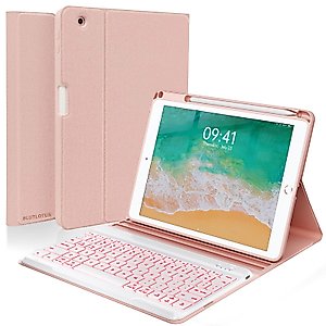 BLUTLOTUS Keyboard case for iPad 9.7 Inch Air 2, iPad 5th/ 6th Generation (2017/2018) with Keyboard Detachable, 7 Color Wireless Backlit Keyboard, Smart Folio Cover with Pencil Holder(Pink)
