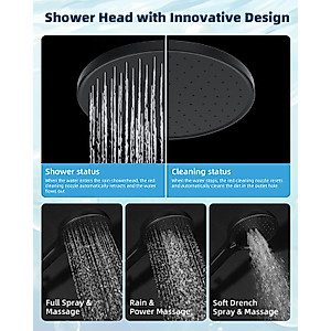 Hibbent Self-cleaning Shower Head, 10'' High Pressure Rainfall Shower Head, Showerhead Combo/Handheld Shower Head, 12'' Adjustable Curved Shower Extension Arm, 71'' Hose, 2 Shower Holders, Matte Black