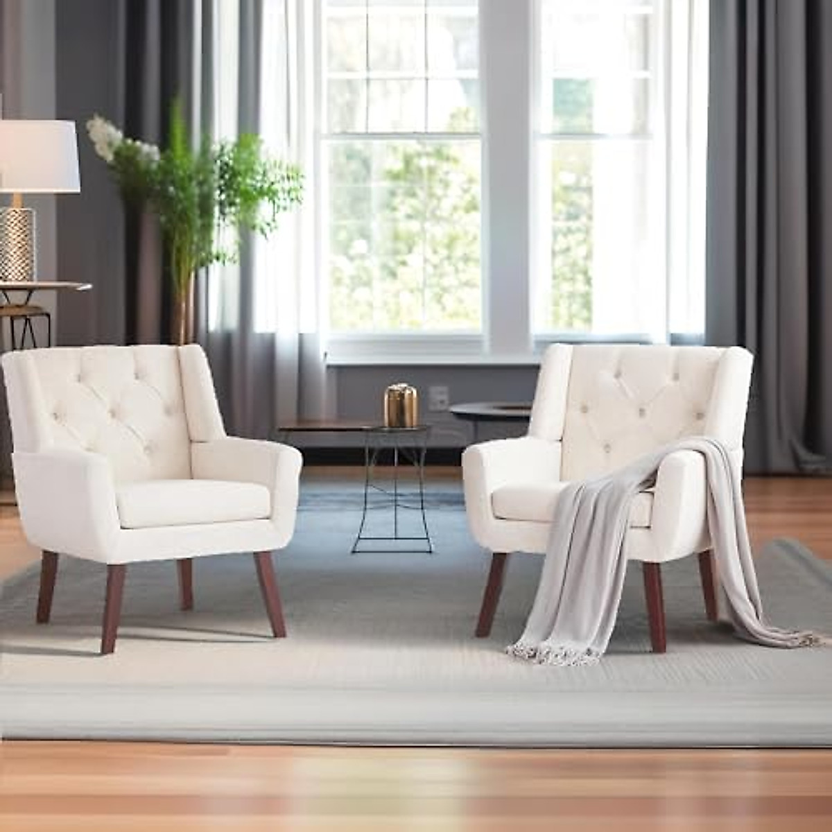 HUIMO Accent Chair Set of 2, Button-Tufted Chairs,Upholstered Reading Living Room Chair,Mid Century Modern Chair with Linen Fabric, Club Chair,Comfy Arm Chairs for Living Room,Bedroom,White