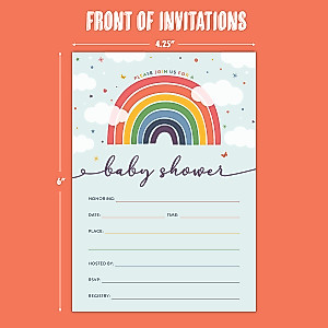 Koko Paper Co Rainbow Baby Shower Invitations and Diaper Raffle Tickets | 25 Fill-in Invitations, 25 Bright White Envelopes and 25 Diaper Raffle Tickets | 75 pcs Total | Printed on Heavy Card Stock.