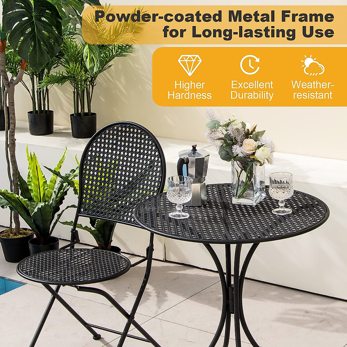 Tangkula 3 Pieces Patio Bistro Set, Metal Table and Folding Chair Set for 2, Outdoor Garden Furniture Set with Round Table & 2 Folding Chairs, Indoor Outdoor Bistro Set for Garden, Yard, Porch
