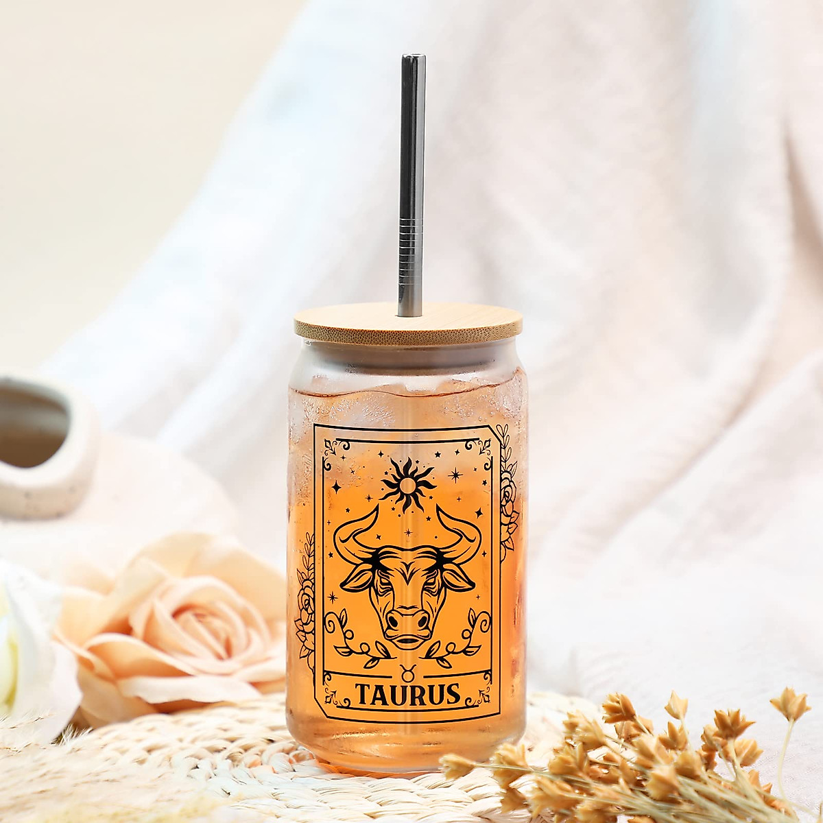 Nefelibata Taurus Gift Set,Beer Can Glass with Lid Metal Straw and Cleaning Brush,Aquarius Zodiac Birthday Gifts for Women and Men,16 oz Reusable Drinking Glass Cup for Coffee Tea Wine Soda Juice