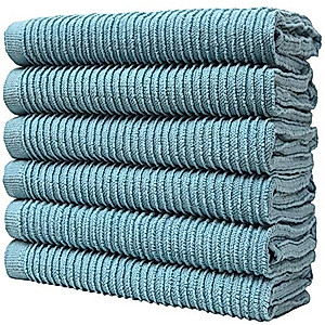 Premium Kitchen Towels - Large Cotton Kitchen Hand Towels - 6 Pack - Ribbed Design (16" x 26") - 340 GSM Highly Absorbent Tea Towels Set with Hanging Loop (Aqua)