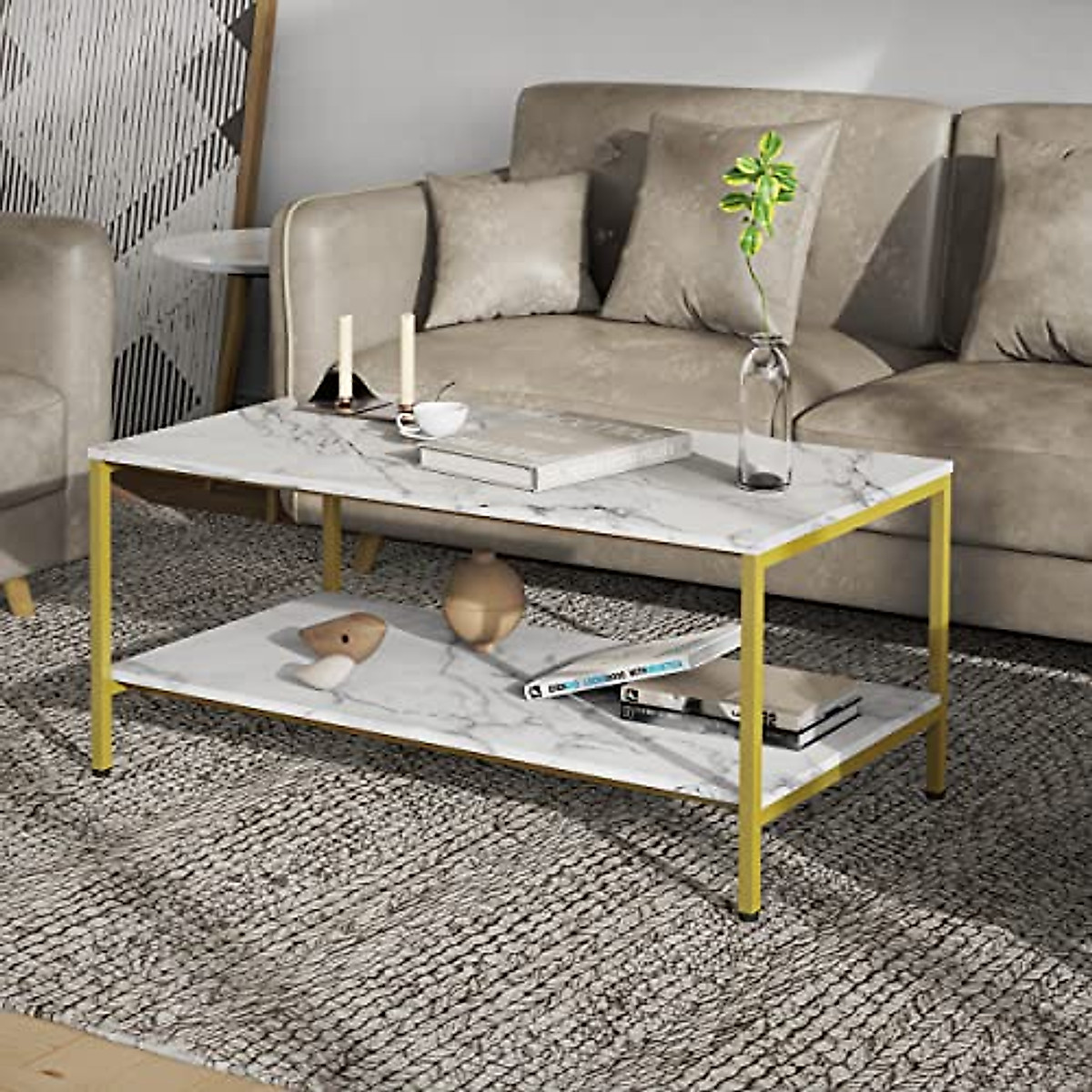 PrimeZone Coffee Table for Living Room - 2 Tier Rectangle Modern Coffee Table 21.5" D x 41" W x 18" H, Sofa Center Table with Gold Metal Frame, White Faux Marble