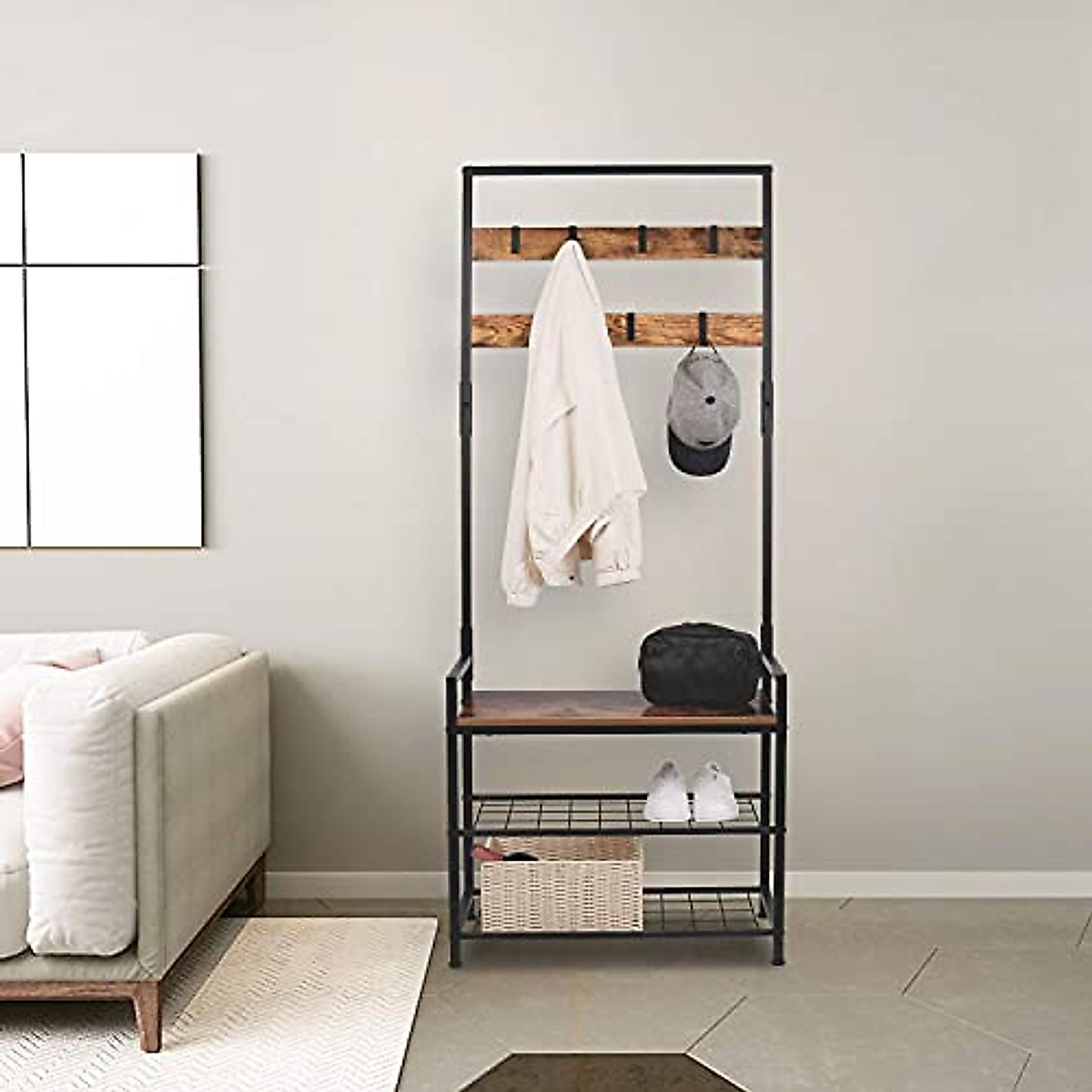 HOMEKOKO Coat Rack Shoe Bench, Hall Tree Entryway Storage Bench, Wood Look Accent Furniture with Metal Frame, 3-in-1 Design (Rustic Brown)