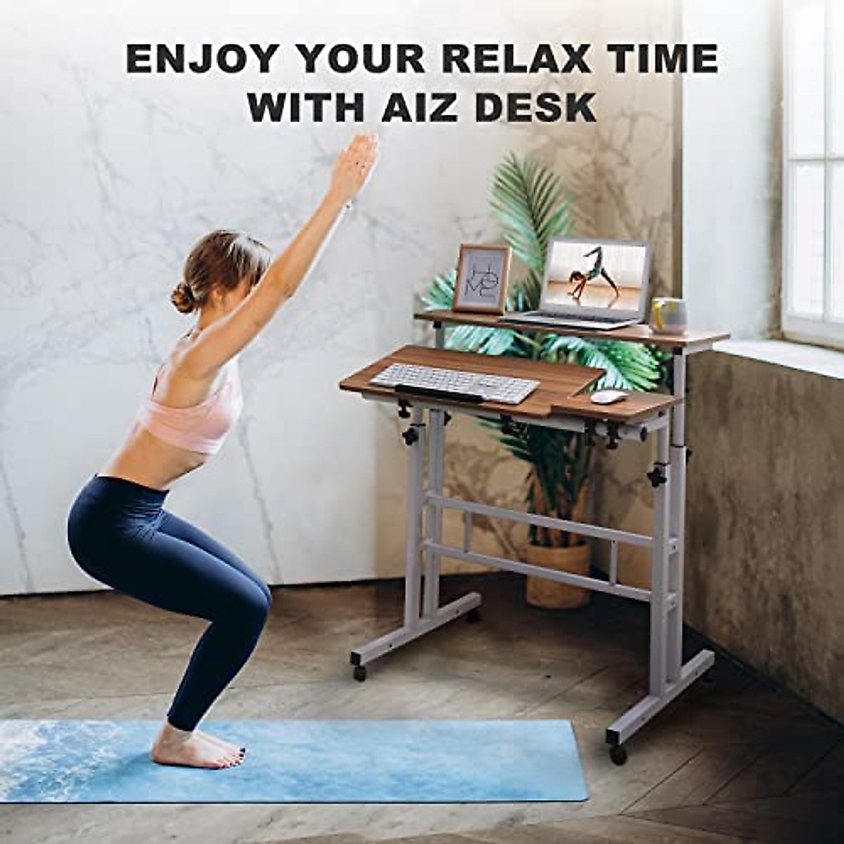AIZ Adjustable Rolling Desk Cart on Wheels Home Office Computer Workstation, Portable Laptop Tall Table for Standing or Sitting, Oak