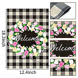 GROBRO7 Easter Buffalo Plaid Garden Flag Burlap Rabbit Flag House Decorative Welcome Checkered Yard Decoration Double Sided Print Seasonal Outdoor Décor for Happy Easter Day 12"x18"