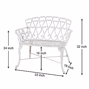 Westcharm White Cast Aluminum 2-Person Bench for Outdoor Garden Patio Yard Park Lawn with White Heart | Antique Victorian Dining Loveseat