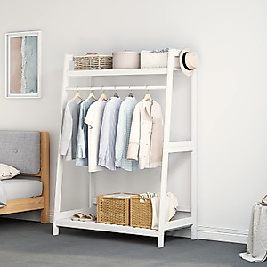 IOTXY Open Wood Garment Rack - White Solid Wood Freestanding Clothing Rack with Storage Shelves and Rod for Hanging Clothes, Large Wide Open Shelving Wardrobe and Closet Organizer for Bedroom, 39.4"W