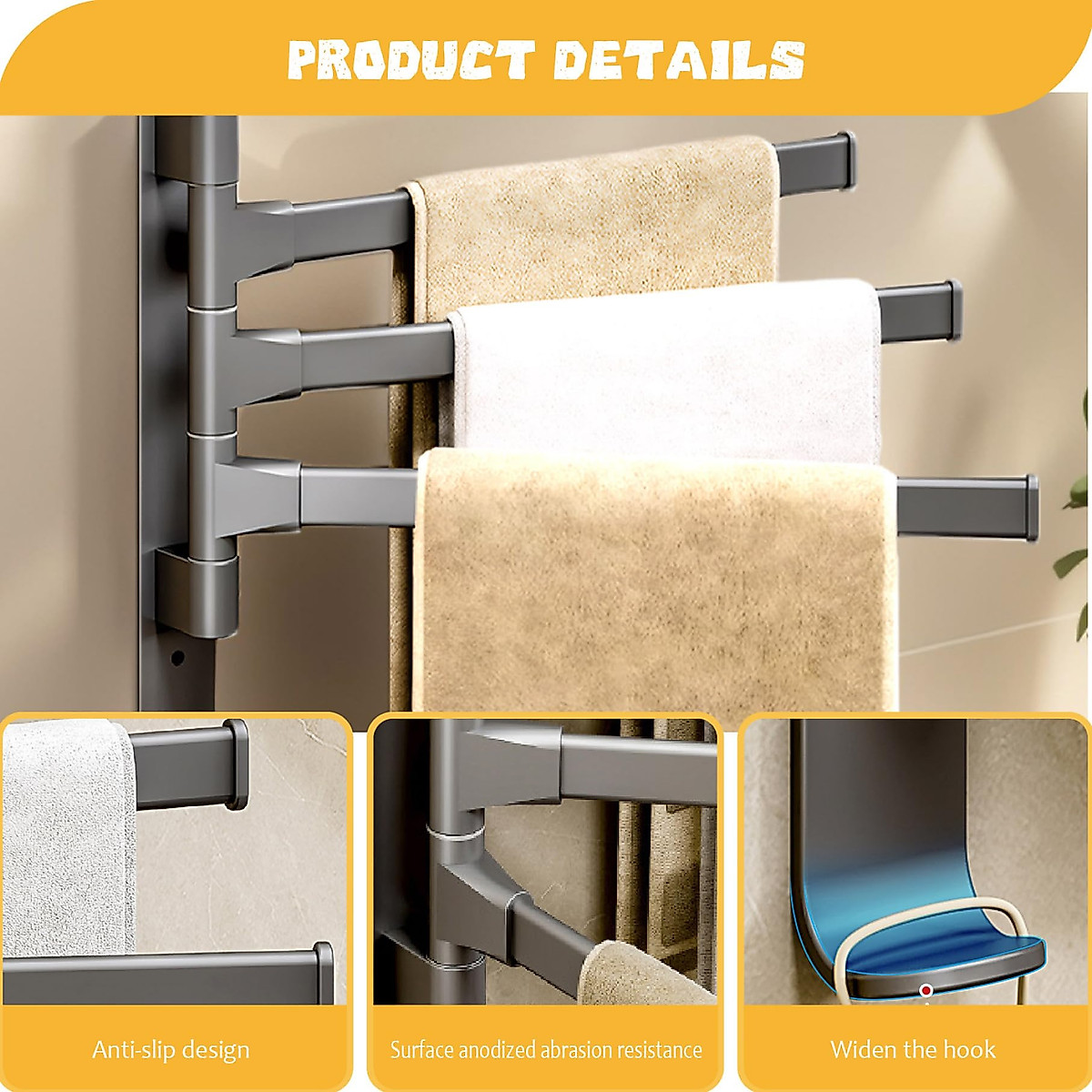 Veesper Wall Mounted Towel Rack, 12" 3-Arm Swivel Towel Rack, 180 Degree Swing Out Bathroom Towel Rack for Multiple Towels, Anti-Slip Towel Bar with Hook for Bathroom, Kitchen, Wall(Gun-Grey)