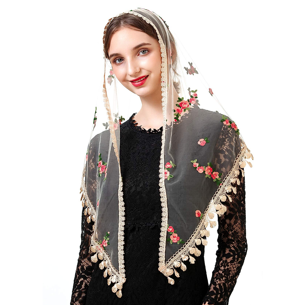 PAMOR Triangle Little Flower Chapel Veils Embroidered Scarf Shawl Latin Mass Head Covering Mantilla Veil for Church (Champagne Rose)