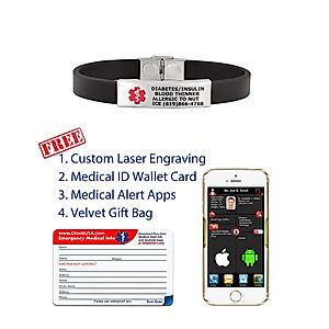 Divoti Deep Custom Laser Engraved Leather Medical Bracelet - Adjustable Medical Alert Bracelet w/Red Caduceus, Free Engraving (fits up to 8.5") & Black Genuine Leather Options