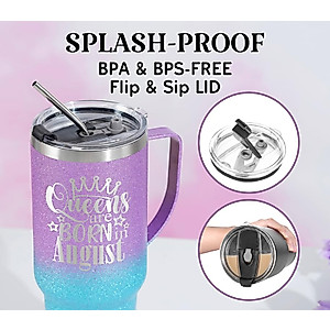 Onebttl Funny Birthday Gifts for Women, Her, Birthday Queen, 40 oz Tumbler with Handle, Glittery Purple and Teal Ombre, Queens are Born in July