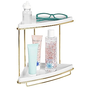 mDesign Steel/Plastic Freestanding Countertop Corner Shelf Organizer with 2-Tier Storage for Bathroom, Vanity, Cabinet, Counter - Holds Makeup, Bath Gel - Prism Collection - White/Soft Brass