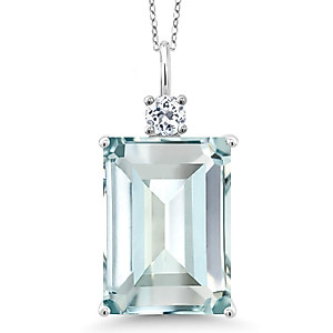 Gem Stone King 16.13 Cttw Sky Blue Simulated Aquamarine and White Topaz Pendant Necklace For Women In 925 Sterling Silver | Emerald Cut 18X13MM | With 18 Inch Silver Chain