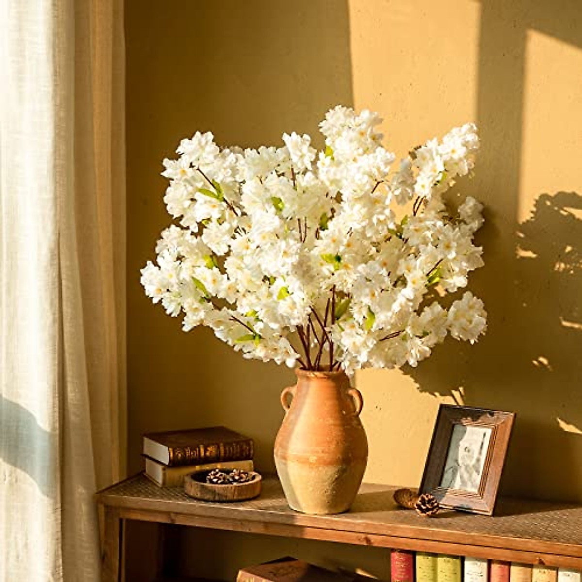 Luyue 42in Artificial Cherry Blossom White Flowers 6 Pack Silk Cherry Blossoms Branches Fake Sakura Flower Trees Decor for Wedding Decoration Home Office