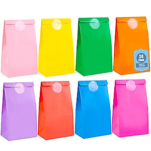 VGOODALL 24PCS Colored Paper Bags, Party Favor Treat Bags with Stickers Goodie Bags 8 Colors for Wedding Birthday Baby Shower 8.7”x 4.7”x 3”