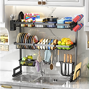 Over The Sink Dish Drying Rack, 3 Tier Adjustable (33.8 to 41.5 inch) Large Capacity Kitchen Counter Dish Drying Rack with Fruit Basket Utensil Holder Sink Caddy Cup Holder, Black