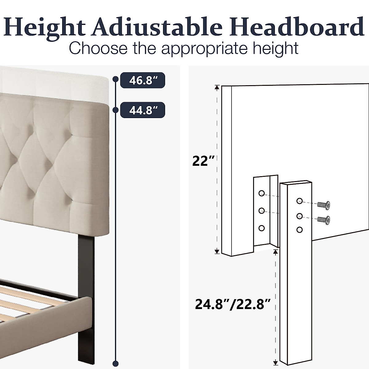 Queen Size Bed Frame with Storage, Queen Bed Frame with Headboard Adjustable, Upholstered Platform Bed Frame with Drawers, Mattress Foundation with Wooden Slats Support, No Box Spring Needed, Beige