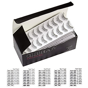 Celeb Beauty Eyelash Splashes 100 Pair Faux Lashes Variety Pack – Reusable Fake Eyelashes in 10 Styles – Hypoallergenic Strip False Lashes Set with Soft Natural, Fluttery Wispies, & Dramatic Falsies