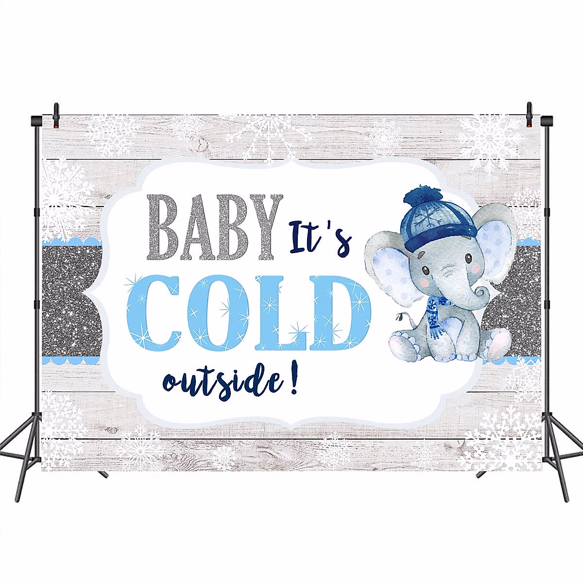 Mocsicka Baby It's Cold Outside Backdrop Rustic Floor Boy Girl Elephant Baby Shower Photography Background Winter White Snowflake Princess Newborn Cake Table Decoration Photo Booth (5x3ft)