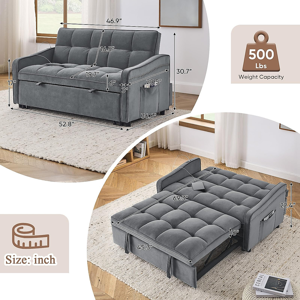 JEEOHEY 3 in 1 Convertible Sleeper Sofa Bed,52" Modern Velvet Pull Out Couch Bed with USB&Type-C Charging Ports,Futon Tufted Love Seat with Adjustable Backrest for Living Room,Office,Bedroom(Grey)