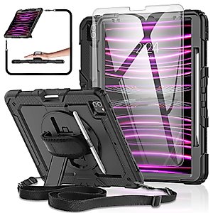 iPad Pro 12.9-inch 6th/5th/4th Generation Case 2022/2021/2020 [with Tempered Glass Screen Protector], BASE MALL Full-Body Protective Case, Pencil Holder,Rotating Kickstand, Hand/Shoulder Strap (Black)