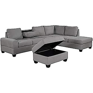 Acosure 112" Modern L-Shape Couch Set with Reversible Chaise,Sectional Convertible Sofa W/Storage Ottoman & 2 Cup Holders,Easy Assembly,6 Seat Sleeper Furniture for Living Room Apartment,Gray Velvet