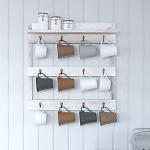 Merrick Lane Steeley Wooden Wall Mount 12 Cup Mug Rack Organizer with Upper Storage Shelf and Metal Hanging Hooks with No Assembly Required, Whitewashed