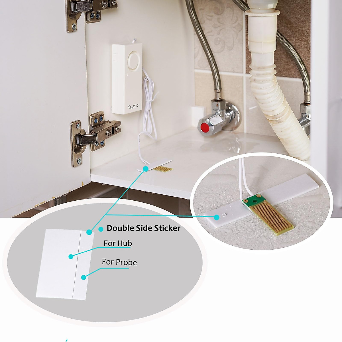 Topvico Water Leak Sensor Detector Flood Alarm for Basement Moisture 120dB Work Alone Battery Operated 3 Packs
