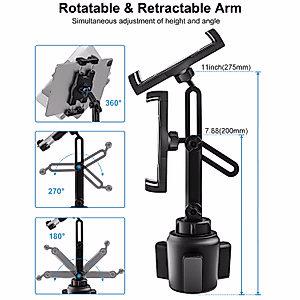 woleyi Cup Holder Car Tablet Mount, iPad Mount Holder for Car/Truck, 360° Rotation Adjustable Universal Tablet Stand Cradle Compatible with iPad Pro Air Mini, Galaxy Tabs, Cell Phones, 4.7-13" Devices