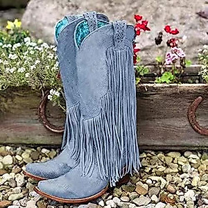 Guldnds Women's Plus Size Winter Chunky Heel Fringe Boots Women's High Heel Boots Tall Boots Ladies Cowboy Boots Light Blue