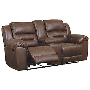 Signature Design by Ashley Stoneland Faux Leather Manual Double Reclining Loveseat with Center Console, Dark Brown