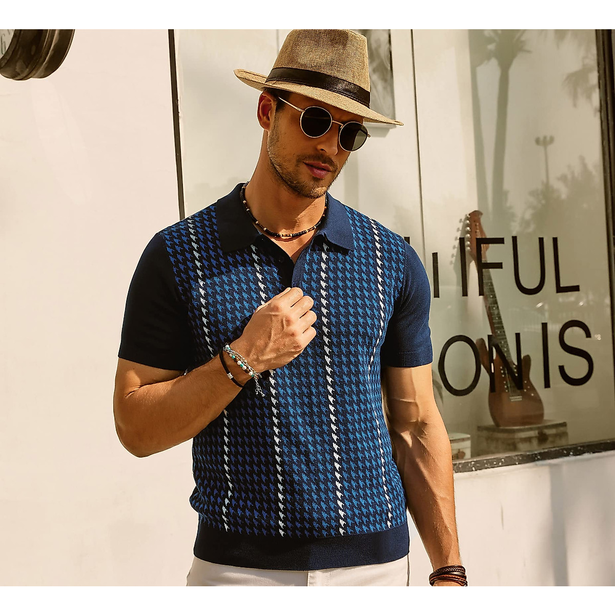 PJ PAUL JONES Men's Knitted Muscle Bowling T Shirts Stretch Short Sleeve Workout Tee Casual Slim Fit Polo Shirt Navy Blue 2XL