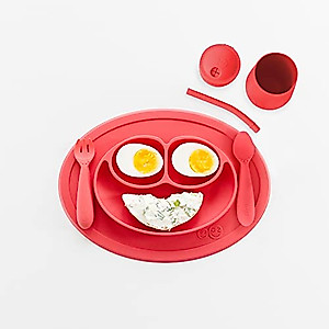 ez pz Mini Collection Set (Coral) - 100% Silicone Cup + Straw, Fork, Spoon & Mini Mat Suction Plate with Built-in Placemat for Infants + Toddlers - First Foods + Self-Feeding - 12 Months+