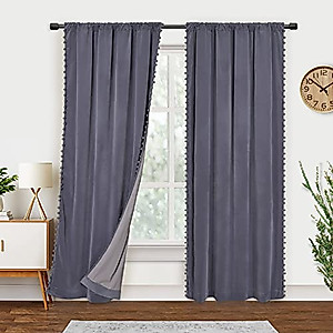 Haperlare Pom Pom Velvet Curtains 96 inches Long Heavy-Duty Room Darkening Velvet Drapes Thermal Insulated Home Decor Tasseled Window Treatment Set Panels for Living Room Bedroom, Grey, 2 Panels