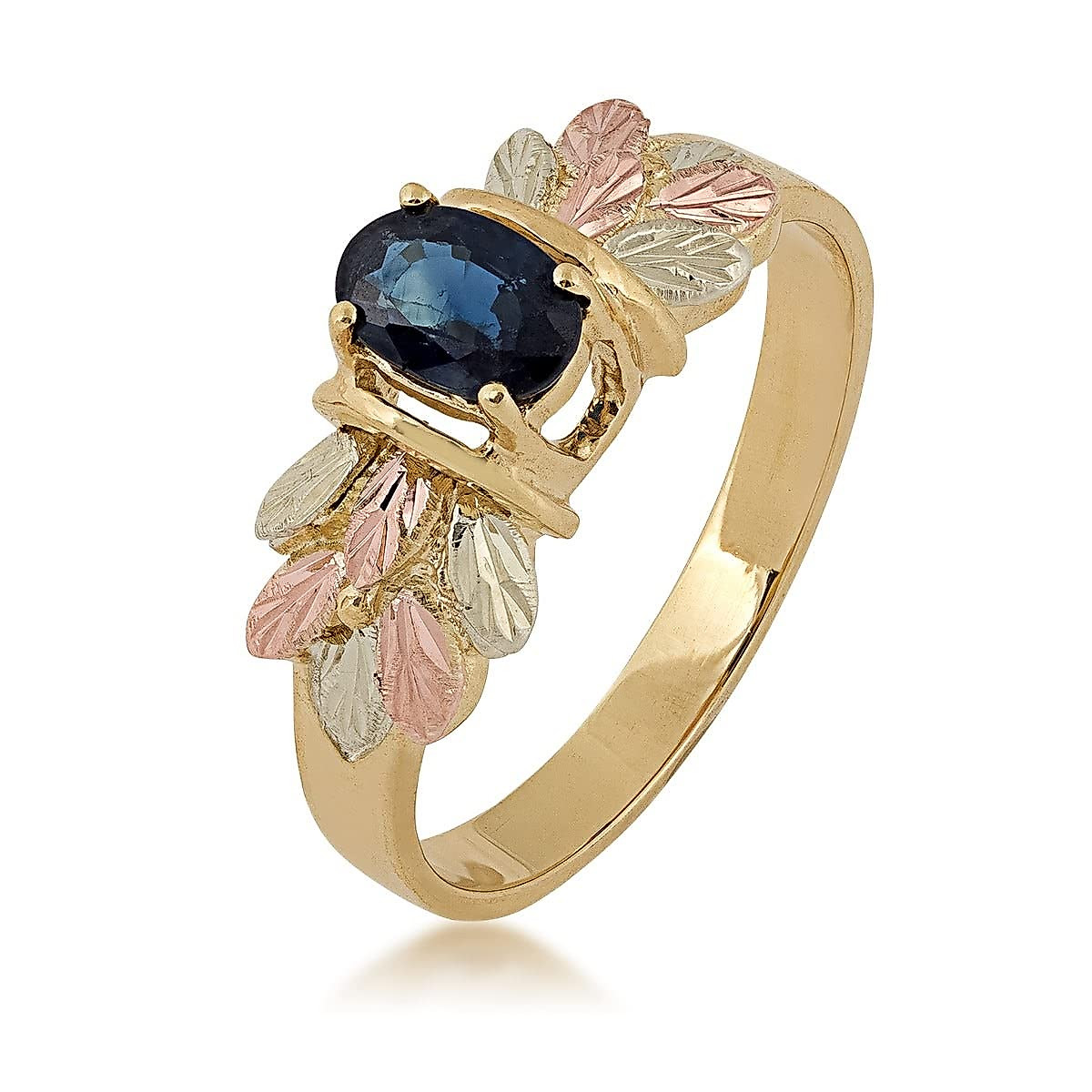 10k Yellow Gold Sapphire .53 with a Bouquet of 12k Green and Rose Black Hills Gold Hand Sculpted Leaves Size 9