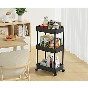 Sooyee 3-Tier Plastic Rolling Utility Cart with Wheels, Multi-Functional Storage Trolley for Office, Living Room, Kitchen, Movable Storage Organizer with Wheels, Black