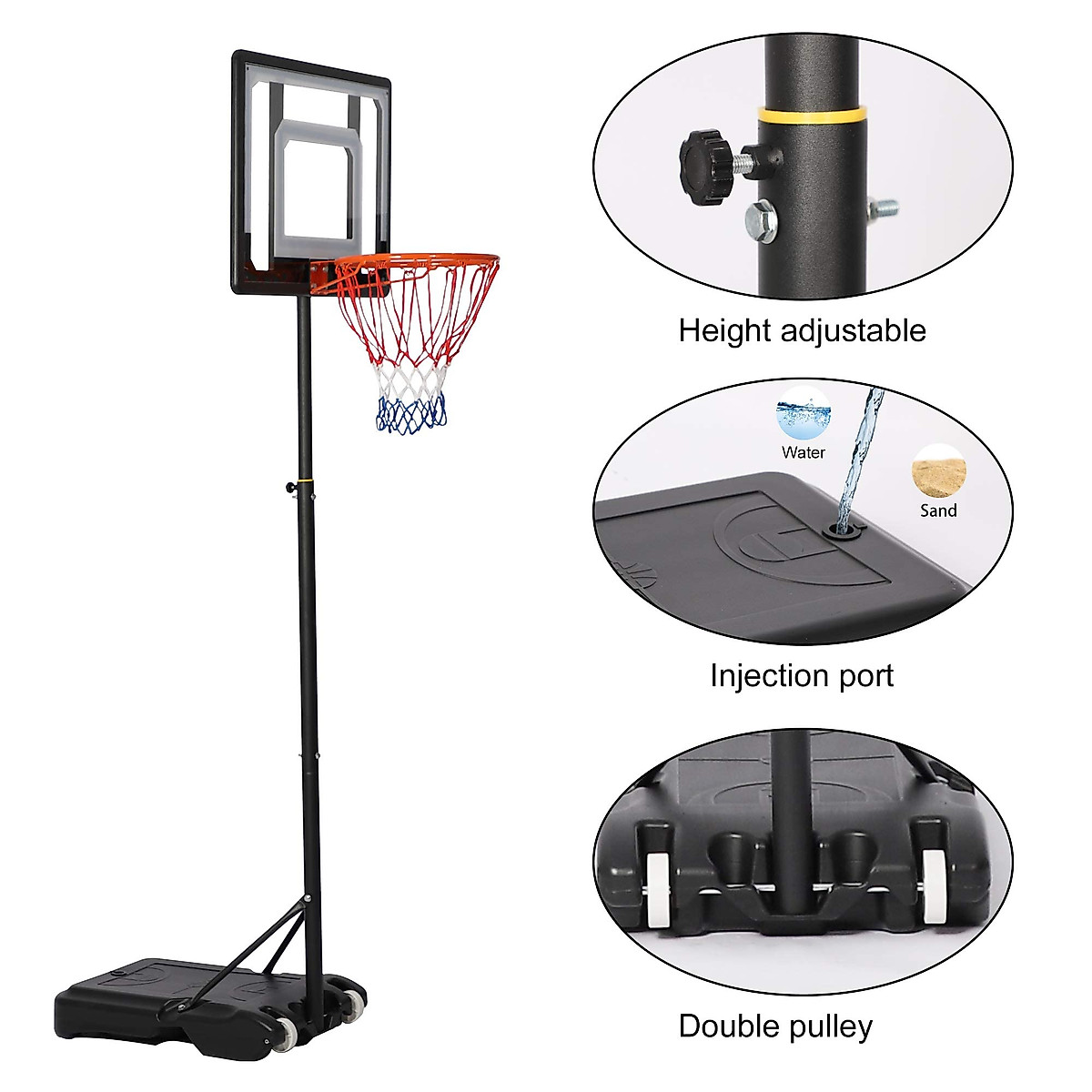 Vilobos Portable Basketball Hoop Backboard System Stand Outdoor Sports Equipment Height Adjustable 6.5Ft-8.2Ft with Wheels for Kids