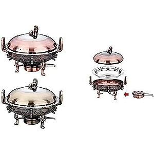 KAMWD 3L Stainless Steel Chafing Dish Round Chafer Buffet Warmers W/Food Pans, Aluminum Stand, Visible Pot Lid and Fuel Holders for Weddings Parties,Red Copper (Color : Red Copper)