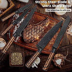 Knife Set,12-Piece Kitchen Knife Set, High Carbon Stainless Steel Knife Sets with Wooden Block, include 6 Steak Knives, Black