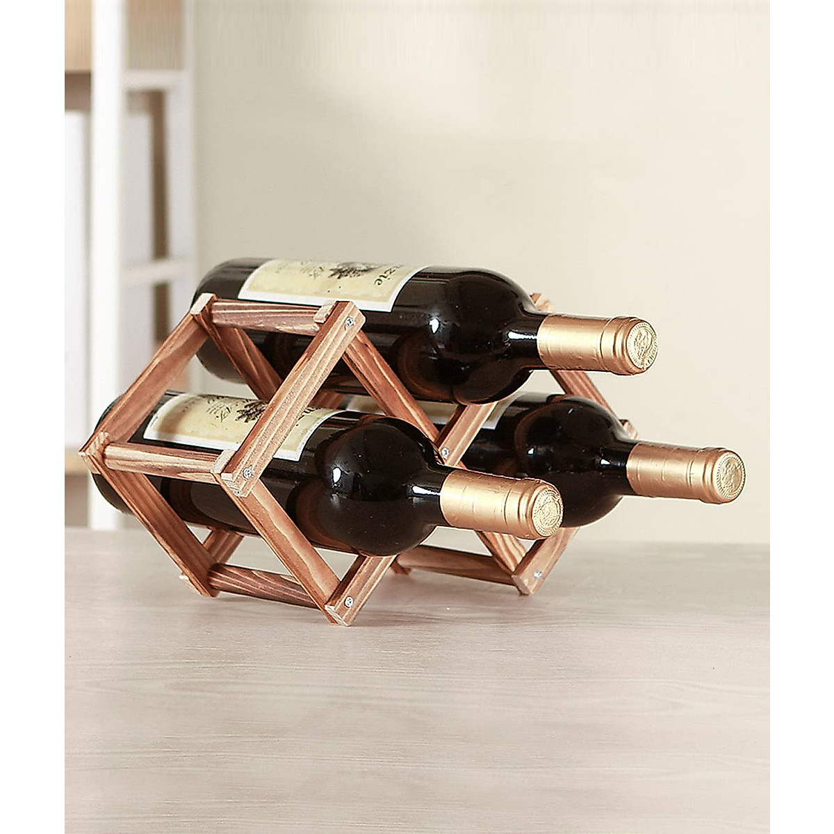 YTCYKJ Wood Wine Rack Freestanding, Wooden Stackable Countertop Wine Rack 3 Bottles Storage Holder Foldable Wine Bottle Display Shelf for Home Kitchen Bar Cabinets