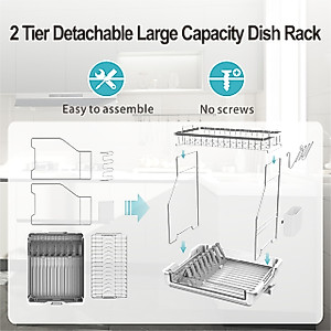 EMT ETRENDS Large Capacity Dish Drying Rack,Rust Resistant Dish Rack for Kitchen, Compact and Foldaway Dish Drainer with Removable Drainboard, Utensil/Cutlery Holder , Plastic, White