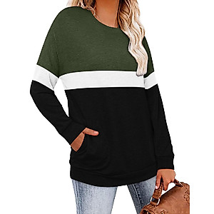 Magritta Girls Loose Fit Tunic Tops with Pockets Crew Neck Stretchy Long Sleeve Striped Color Block Sweatshirt Pullover for Women Green Black X-Large