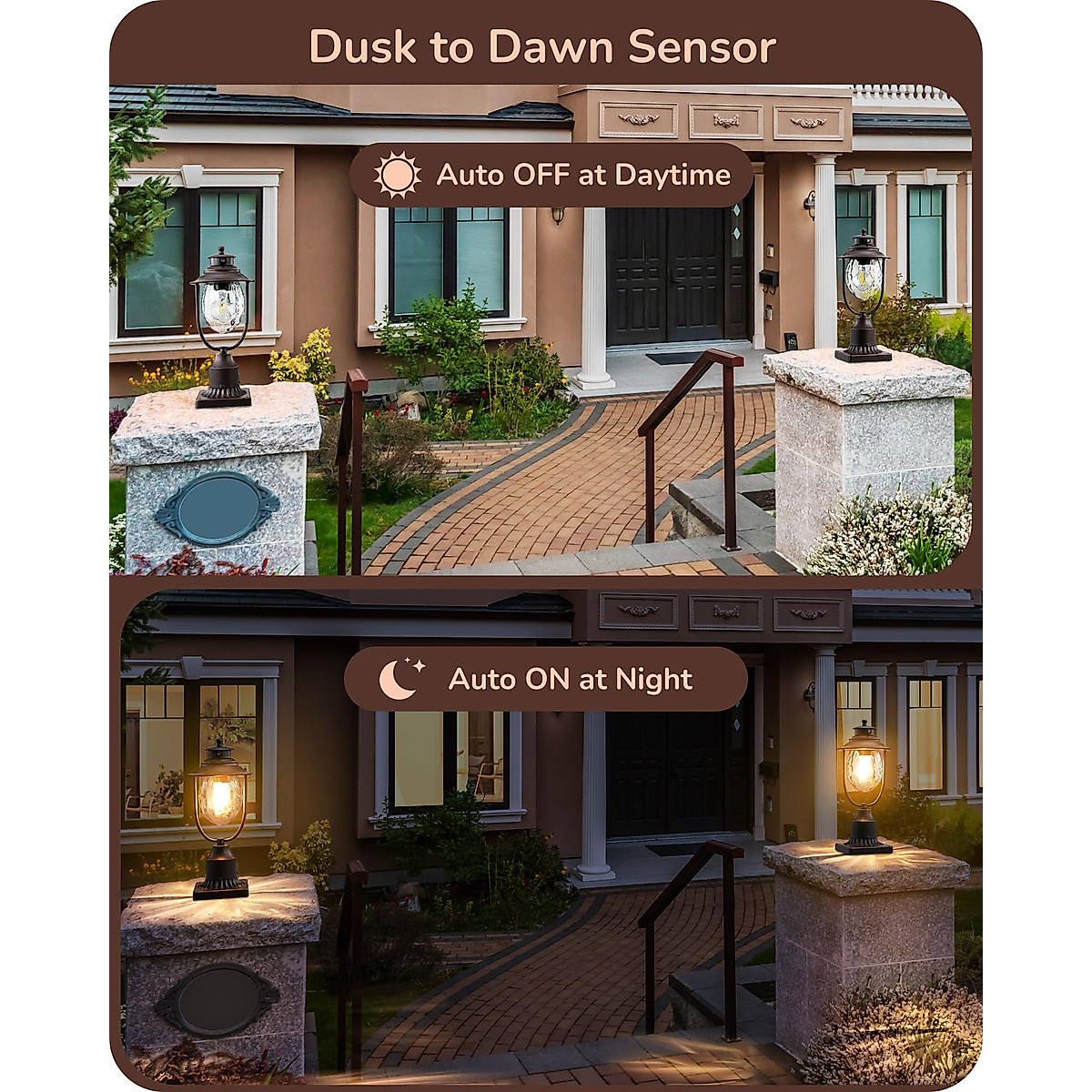 EDISHINE Dusk to Dawn Outdoor Post Light, Pole Light Fixture with Pier Mount Base, Waterproof Exterior Lamp Post Lantern Head with Water Ripple Glass for Driveway Yard Fence Garden Patio, Bronze